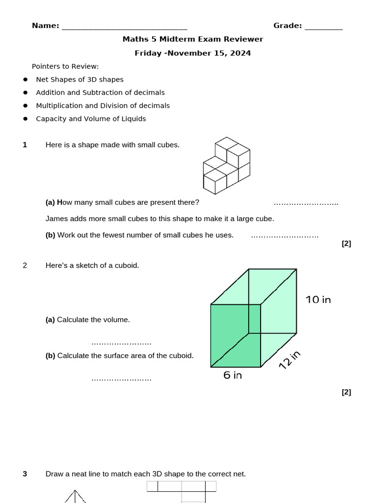 Revise Grade5 Midterm Homework | PDF | Volume | Mathematics