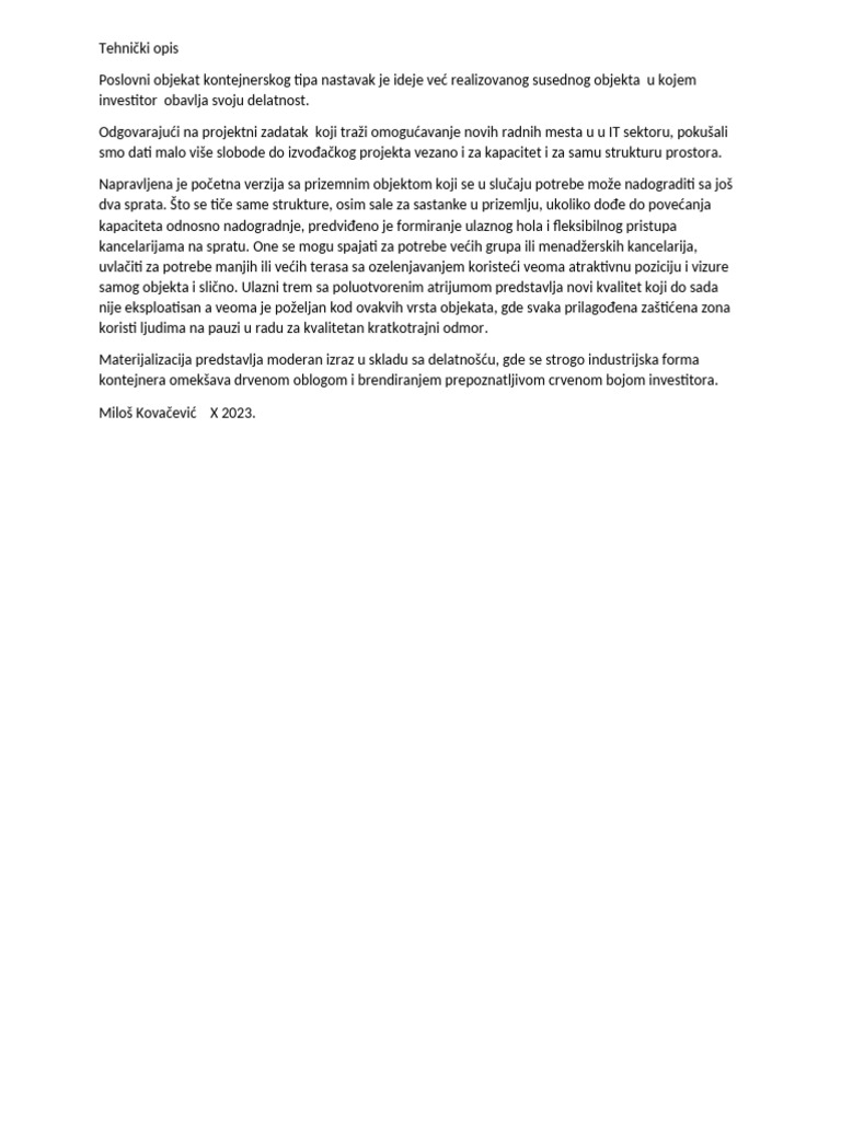 Tehnički Opis Idejno Rešenje | PDF