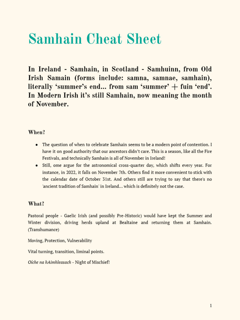 Samhain Cheat Sheet The Irish Pagan School | PDF | Religious Belief And ...