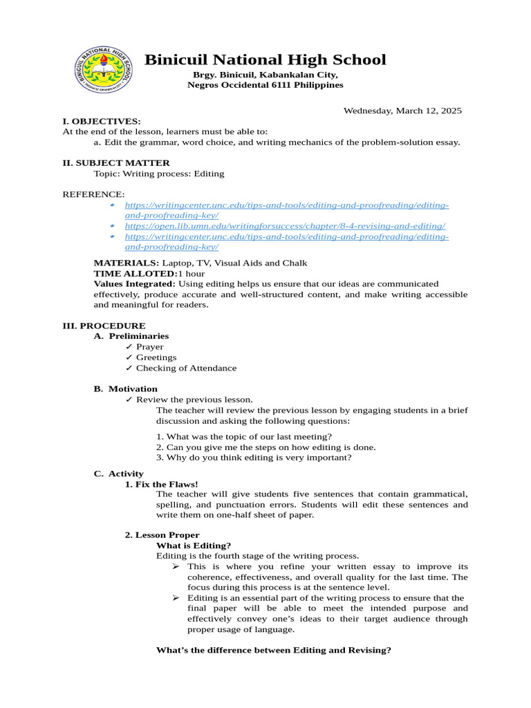 Grade 7 Sapphire LP Day 8 | PDF | Editing | Proofreading