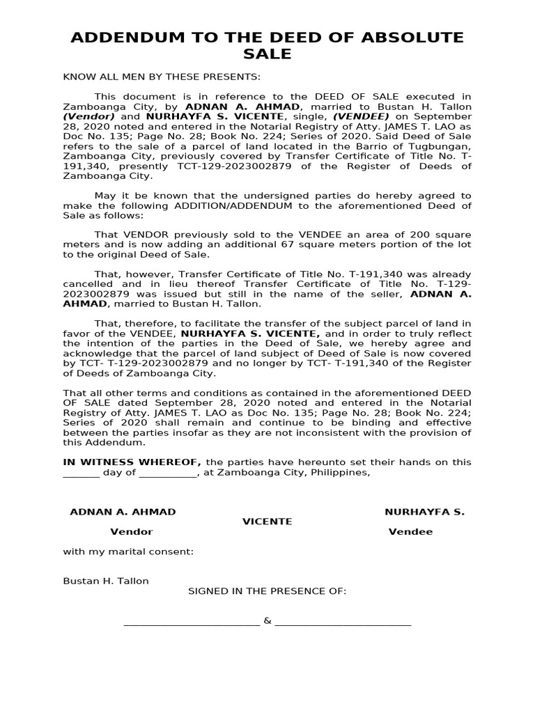 ADDENDUM TO THE DEED OF ABSOLUTE SALE-MR ADS | PDF | Affidavit | Government