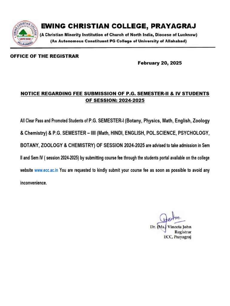 Fee Submission Notice For PG Semester-II - IV Students of Session 2024 ...