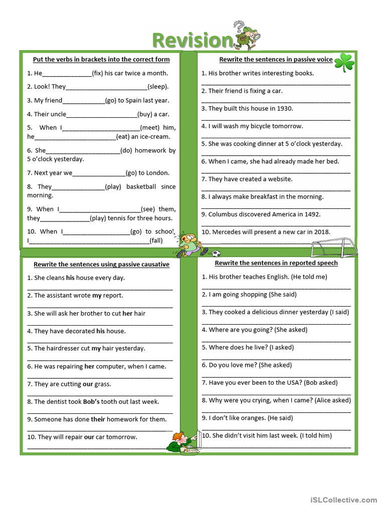 Revision (reported speech, passive voice, passive causative, verb ...