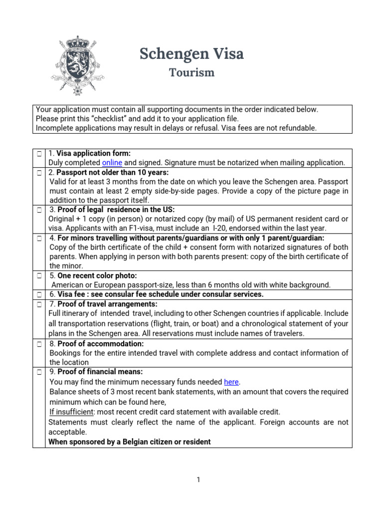 Schengen Tourist Visa Application Checklist | PDF | Travel Visa | Passport