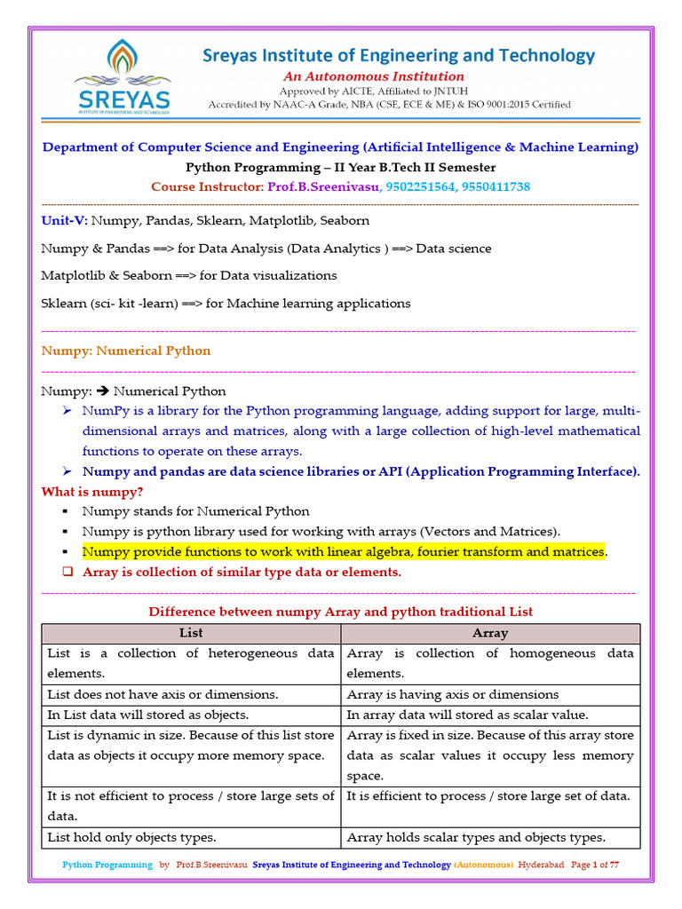 Unit_V_numpy_Lastupdated | PDF | Matrix (Mathematics) | Computer Programming