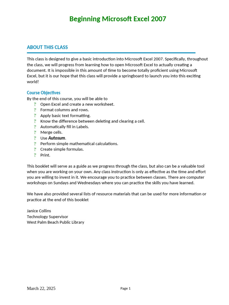 Ms Excel 2007 Beginning Class Pdf Spreadsheet Microsoft Excel