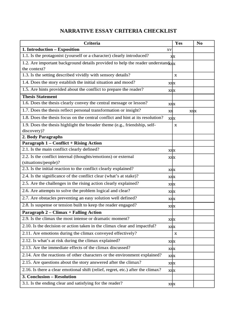 Section 2 - NARRATIVE ESSAY CRITERIA CHECKLIST | PDF | Narrative | Essays