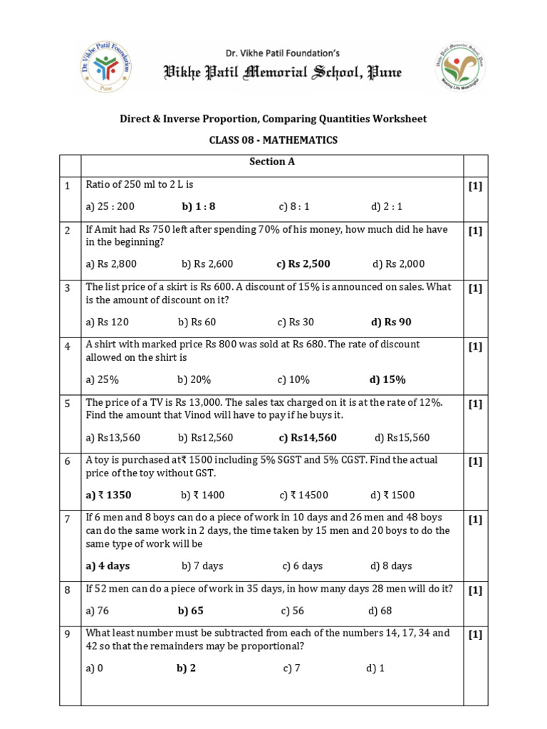 VIII - Div C - Maths - Grade 8 UT2 Worksheet Direct & Inverse ...