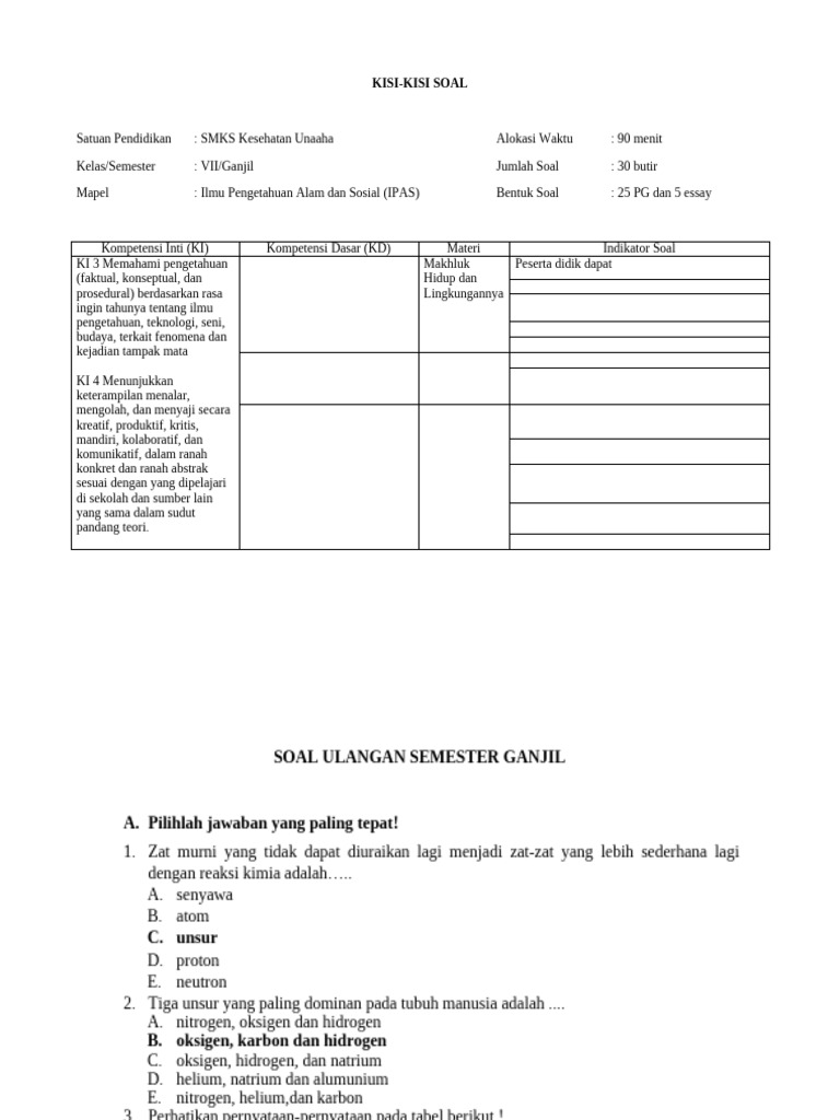 Soal Uas Ipa, Ganjil KLS MTS | PDF