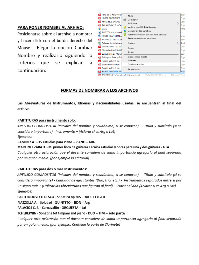Normas para Nombrar Archivos | PDF | Musicología | Composiciones Musicales