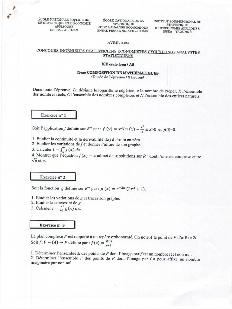 Epreuve de Concours ISE Cycle Long - AS - Sujet de Math - Comp2 2024 | PDF