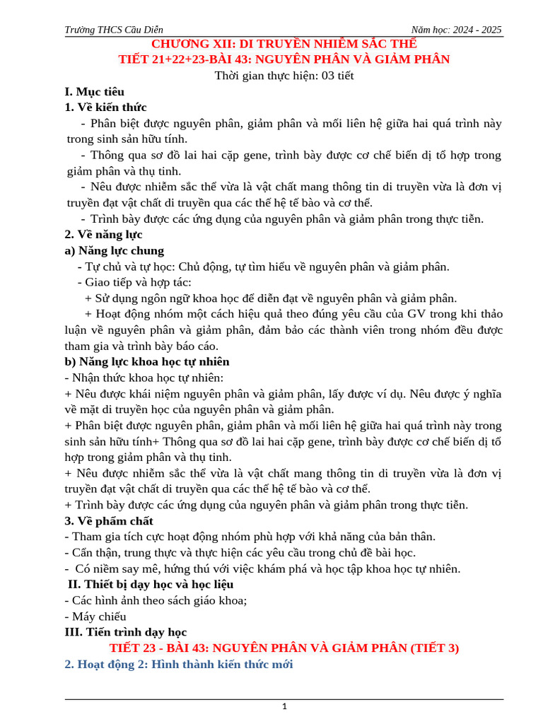 MÔN KHTN (SINH) 9- KHBD TUẦN 23 | PDF