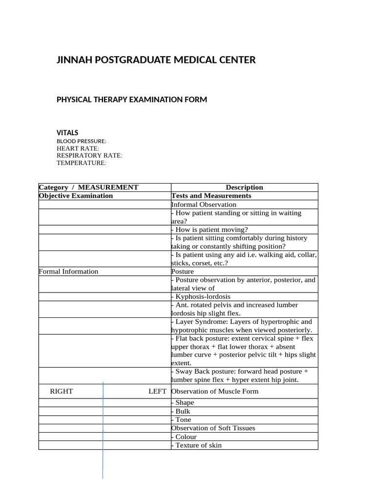 Physical Therapy Examination Form | PDF | Pelvis | Anatomical Terms Of ...