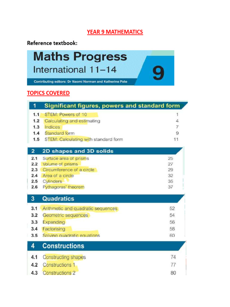 YEAR 9 MATHEMATICS and PHYSICS Syllabus Coverage | PDF