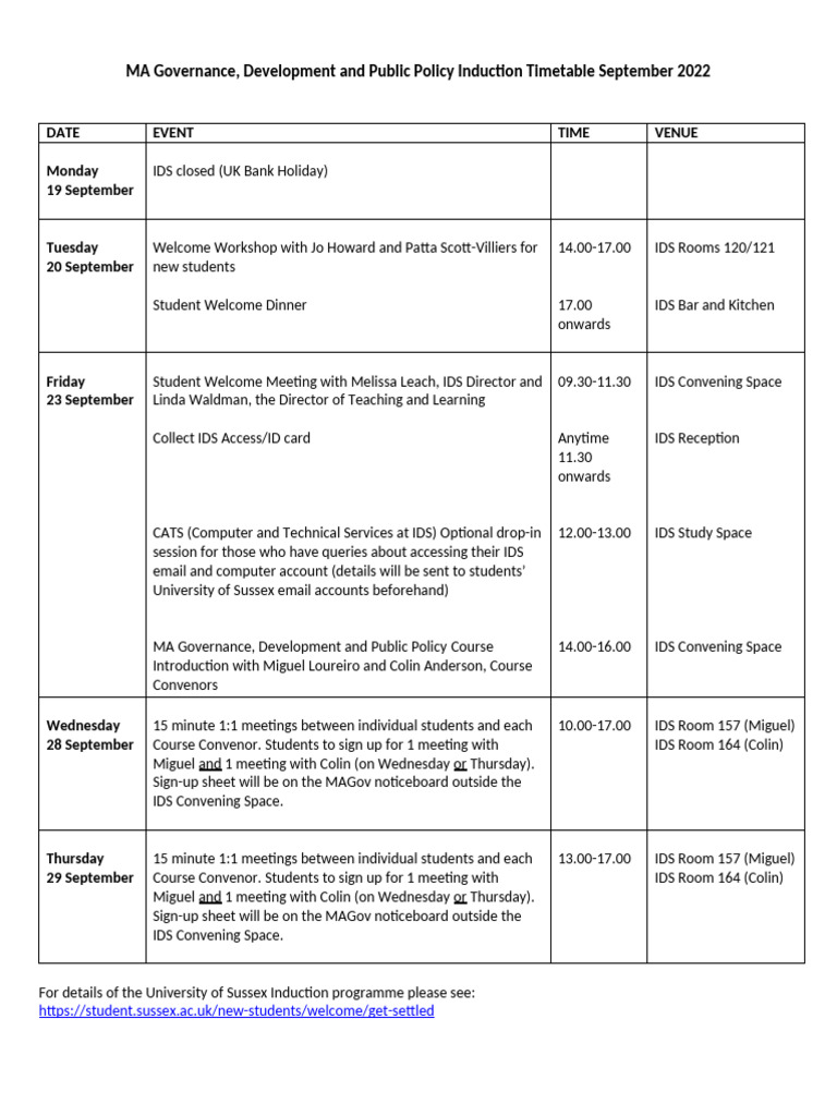 MAGov23 Induction Timetable | PDF