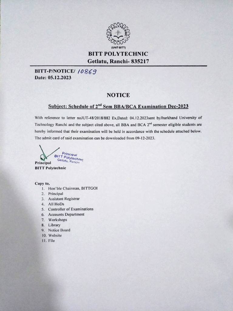 Notice - Schedule of 2nd Sem BBA, BCA Examination Dec-2023 | PDF