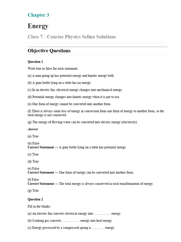 Energy Concepts for Class 7 Physics | PDF | Potential Energy | Kinetic ...