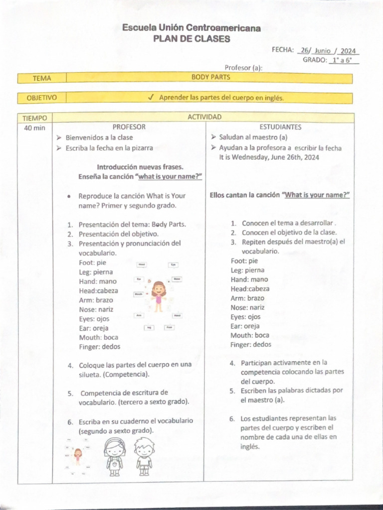 Plan de clase (BODY PARTS 1ro-6to) | PDF