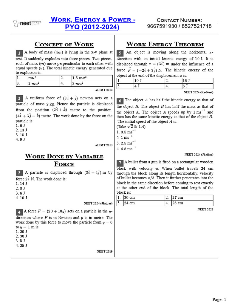 Work, Energy & Power - PYQ (2012-2024) | PDF | Force | Collision