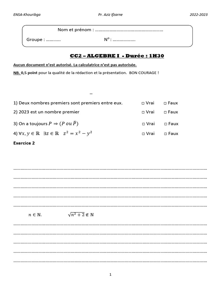 CC2 Algèbre 1 - 2022-23 | PDF