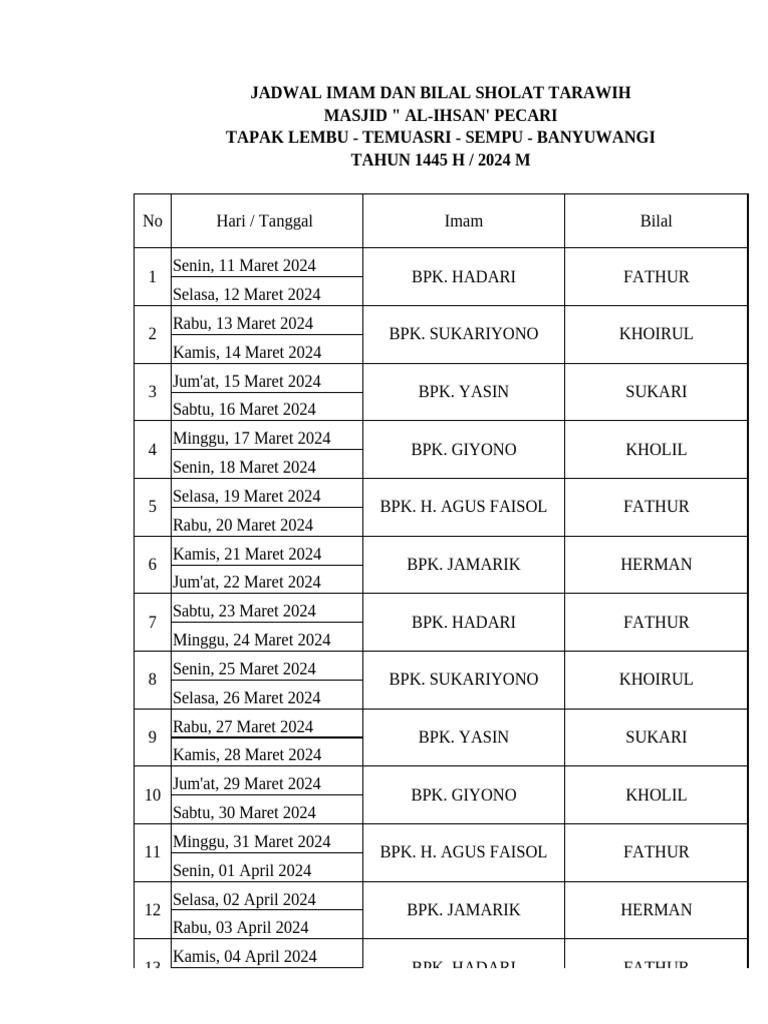 Jadwal Imam Dan Bilal | PDF