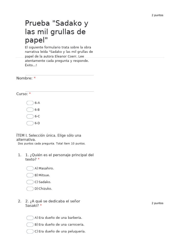 Prueba - Sadako y Las Mil Grullas de Papel | PDF