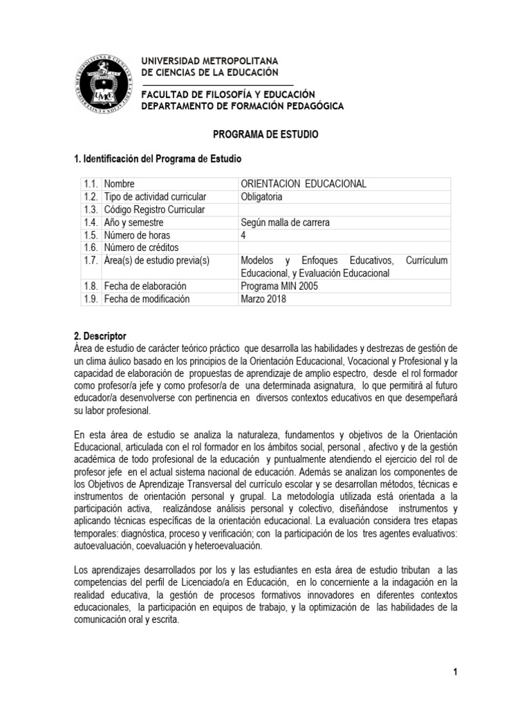 Programa_estudio_Orientaci_n_educacional | PDF | Plan de estudios | Maestros