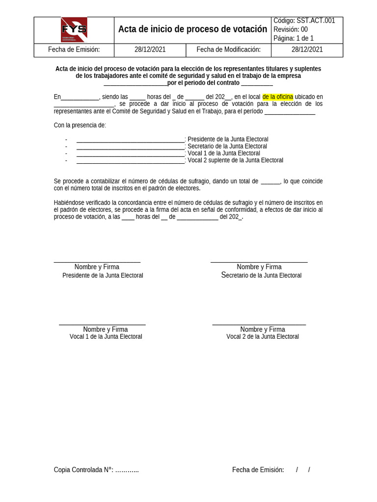 SST - ACT.001 Acta Inicio de Proceso de Votación | PDF