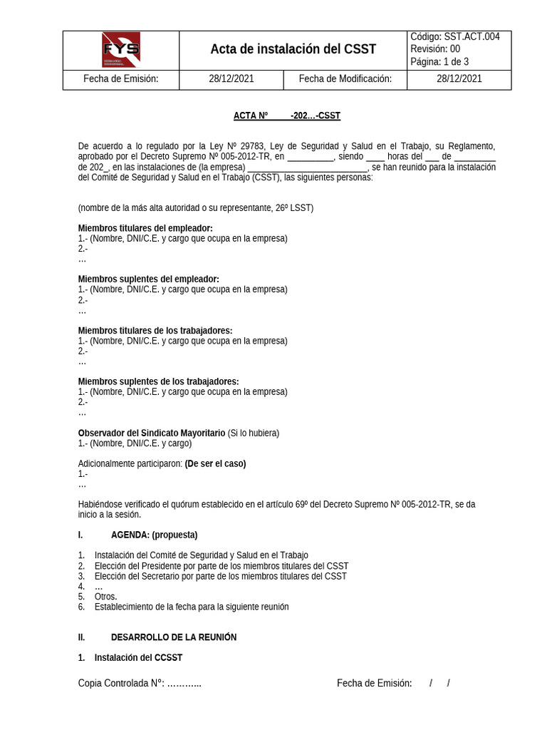 SST - ACT.004 Acta de Instalacion Del CSST | PDF | Gobierno
