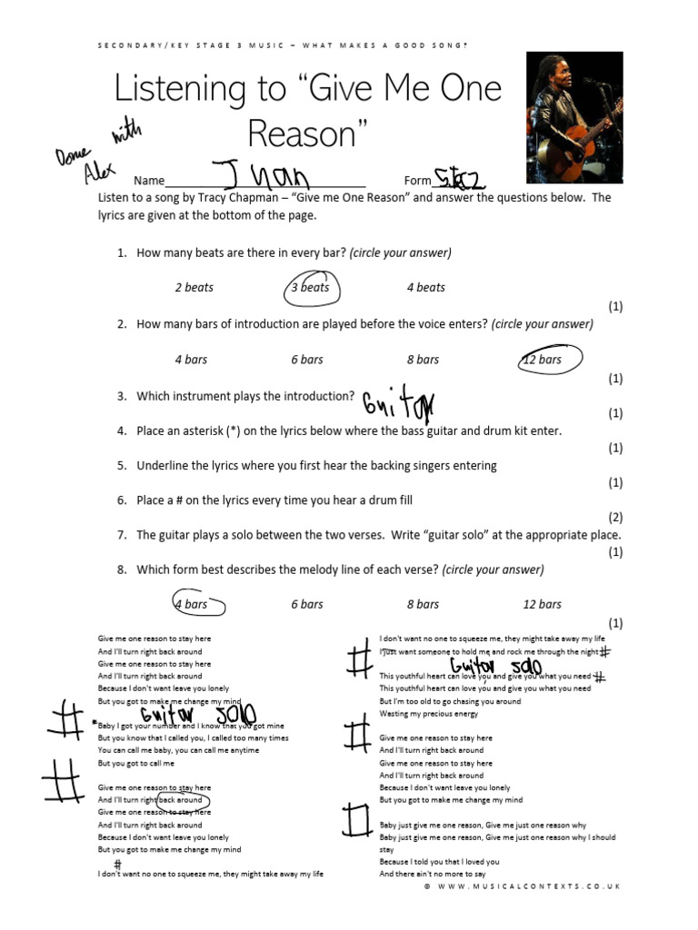 Analyzing "Give Me One Reason" Lyrics | PDF | Song Structure | Songs