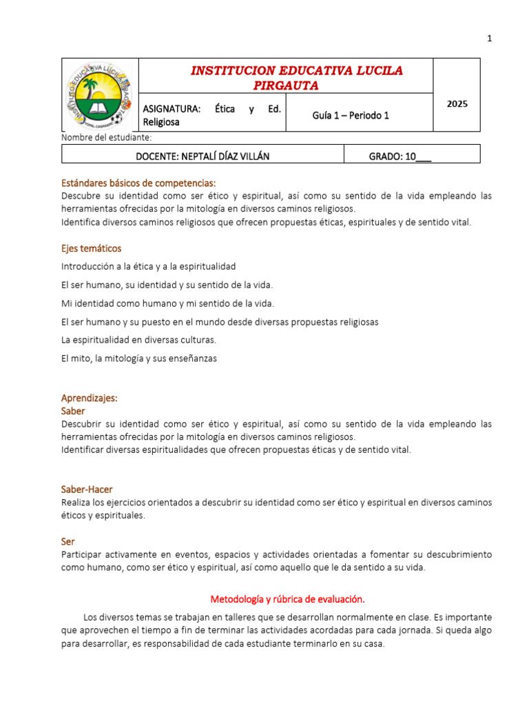 1a. Ética y Ed. Religiosa 10 1P 2025 Librillo Mitología | PDF | Jardín del Edén | Cerebelo