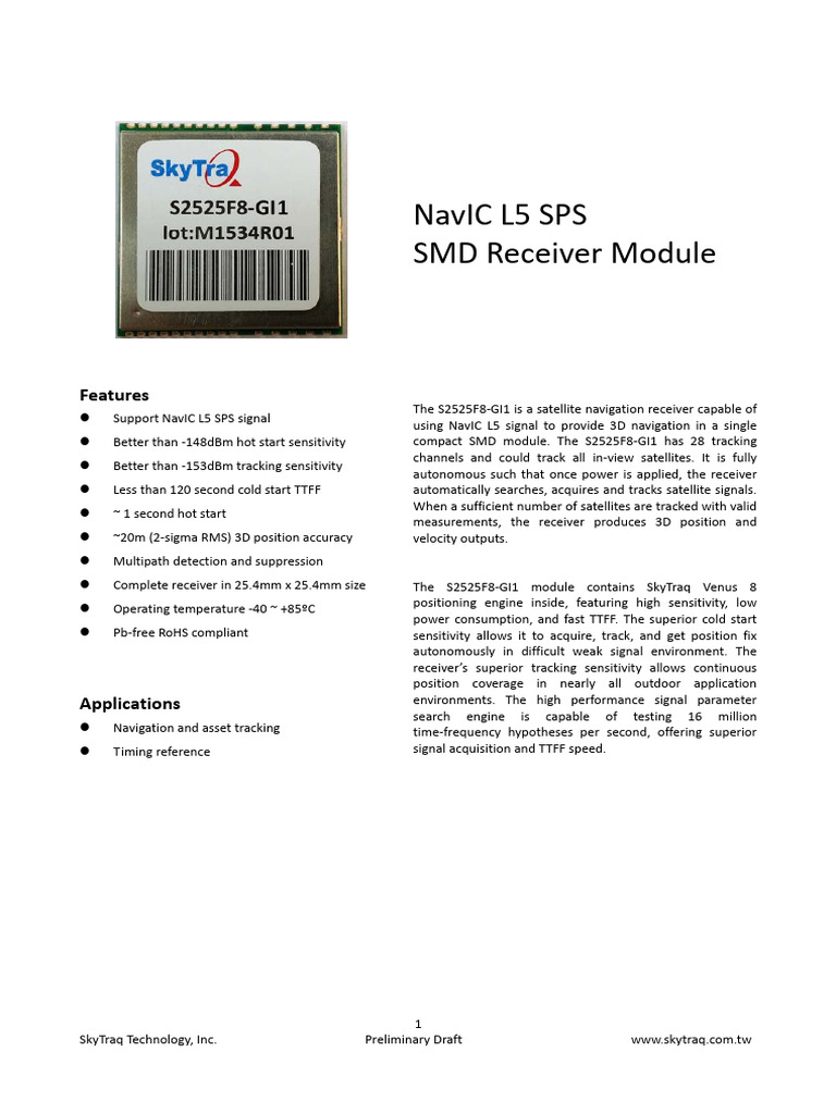 NavIC L5 SMD Receiver Module S2525F8-GI1 | PDF | Global Positioning ...
