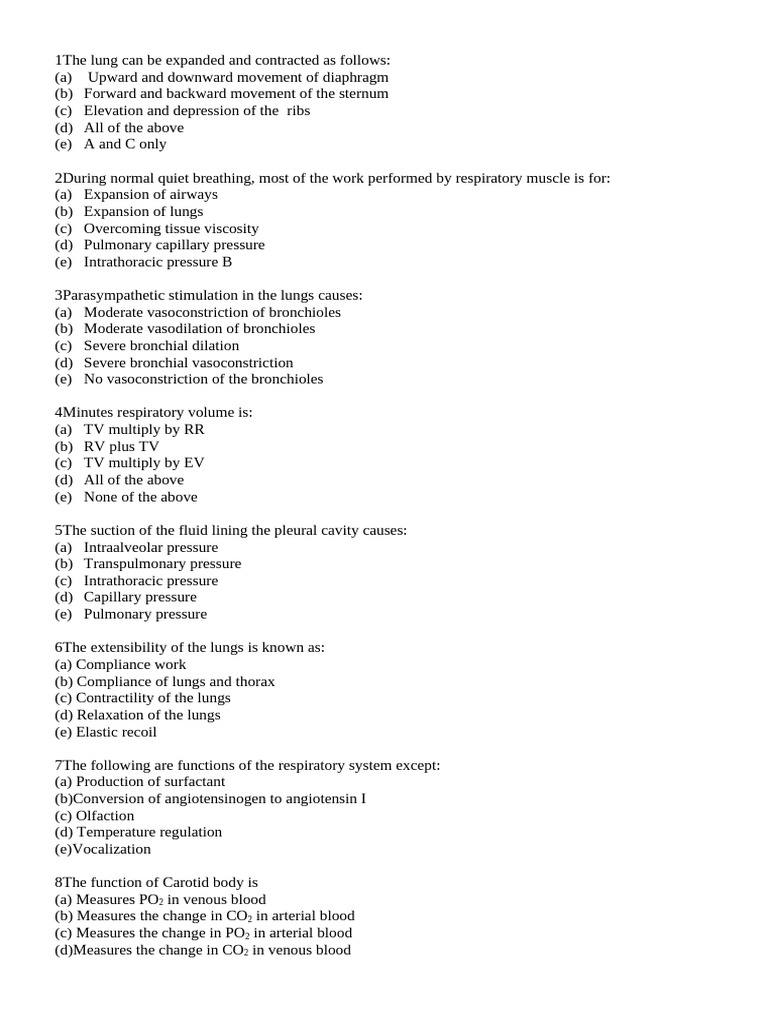 MCQs on Respiratory System Physiology | PDF | Lung | Respiratory System