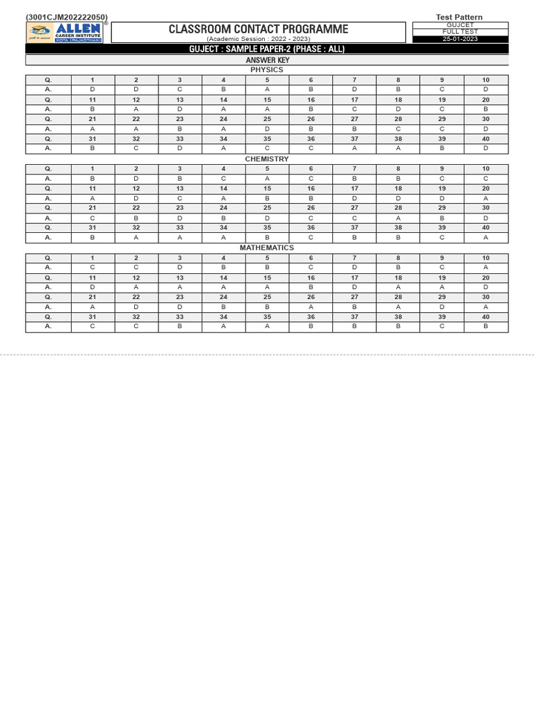 GUJCET Sample Paper 2 Anskey | PDF | Physical Sciences