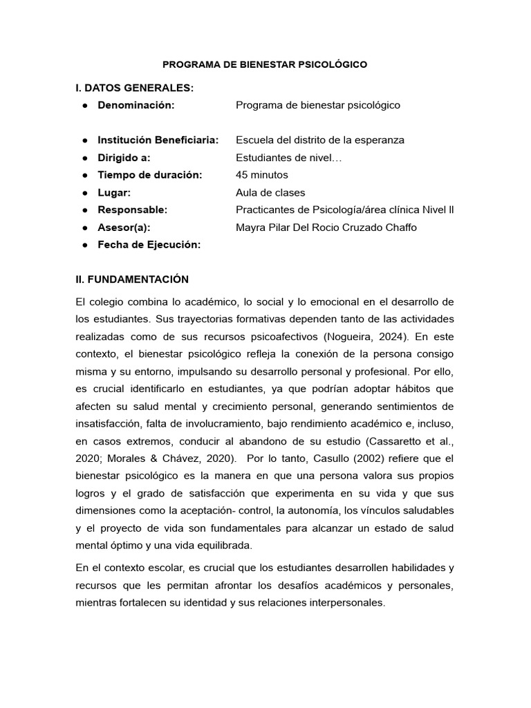 Bosquejo de Programa-Bienestar Psicologico | PDF | Las emociones | Autorregulación emocional