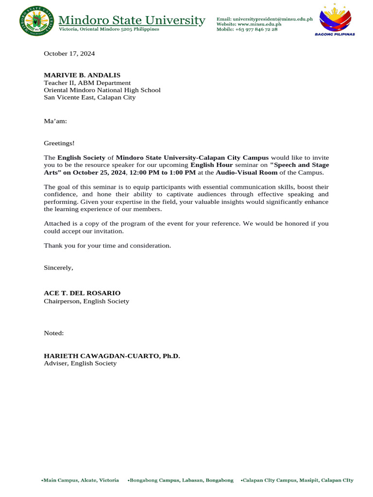 Invitation For Speaker and School Principal Permission Letter For ...