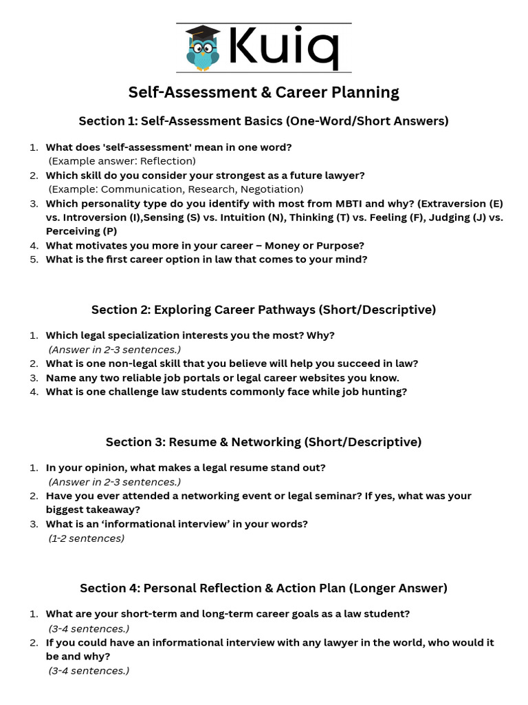 Career Planning Questionnaire for Law Students | PDF