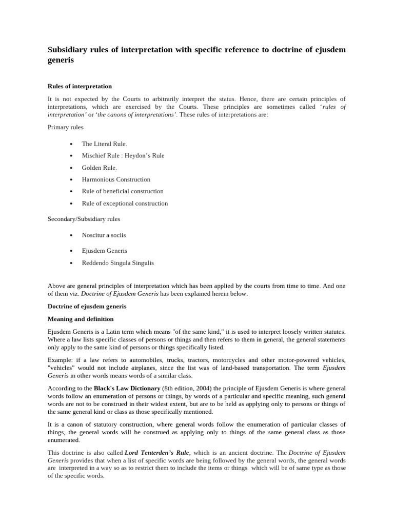 Ejusdem Generis: Interpretation Rules | PDF | Statutory Interpretation ...