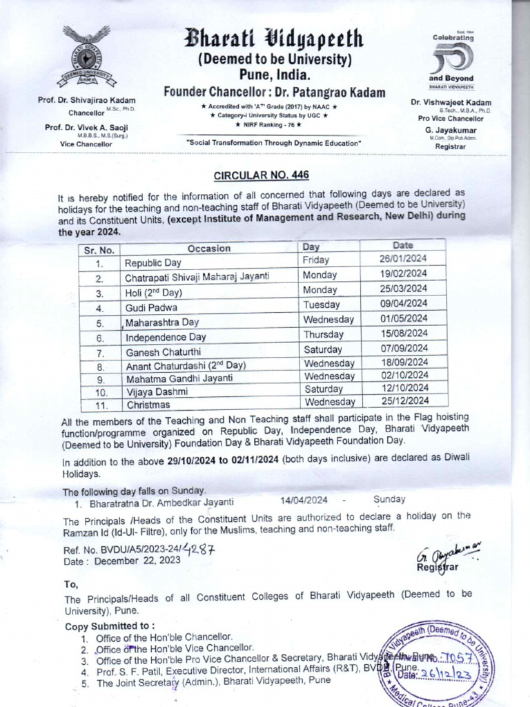 Circular Holidays 2024 010124 | PDF