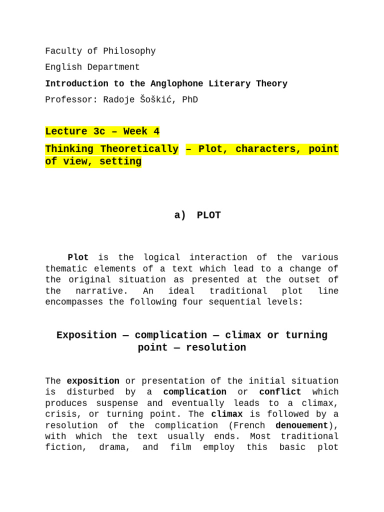 Lecture 3c Plot Characters Point of View Setting | PDF | Narration | Narrative