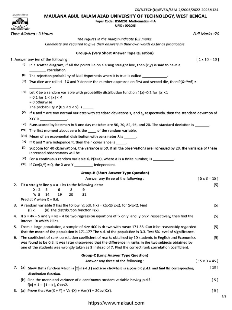 Btech 2 Sem Mathematics 2a Bsm201 2023 | PDF