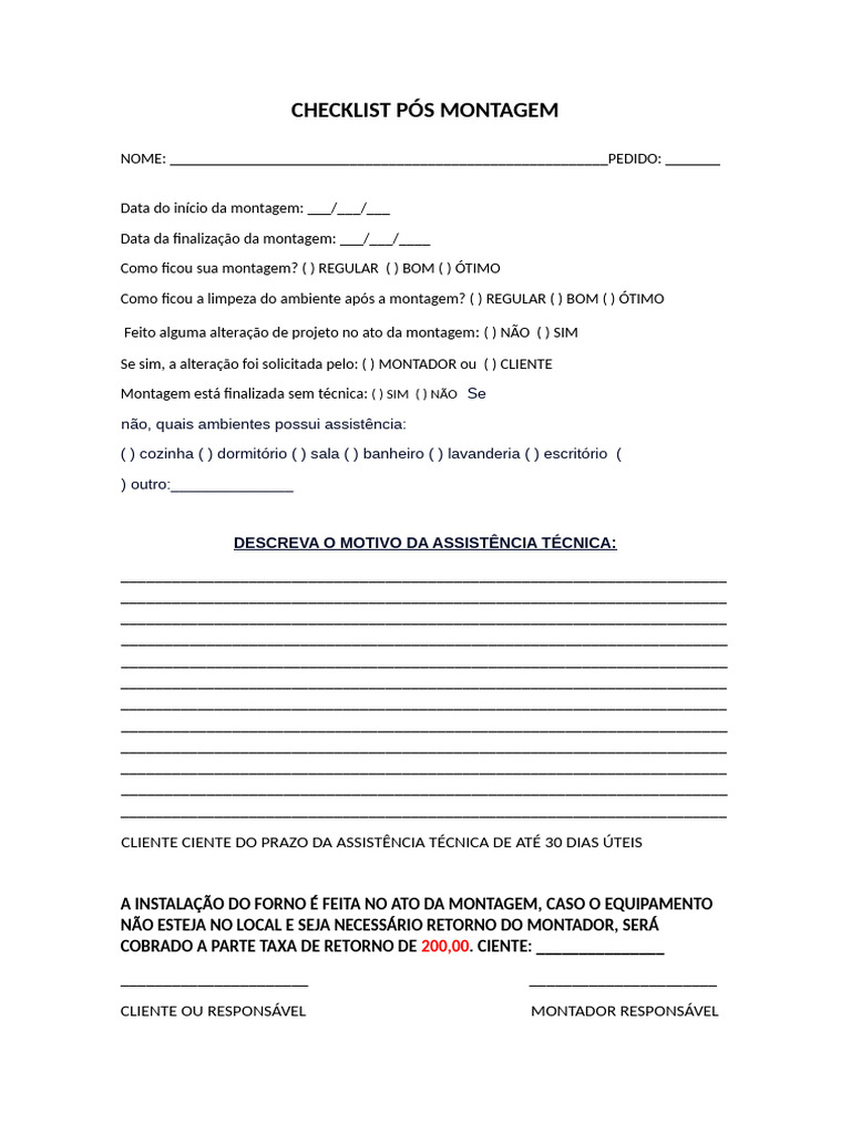 Checklist Pós Montagem | PDF