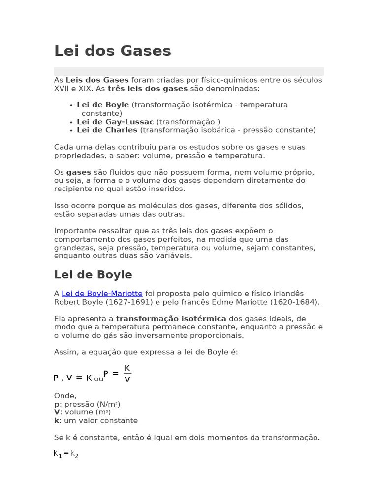 Lei Dos Gases | PDF | Gases | Temperatura