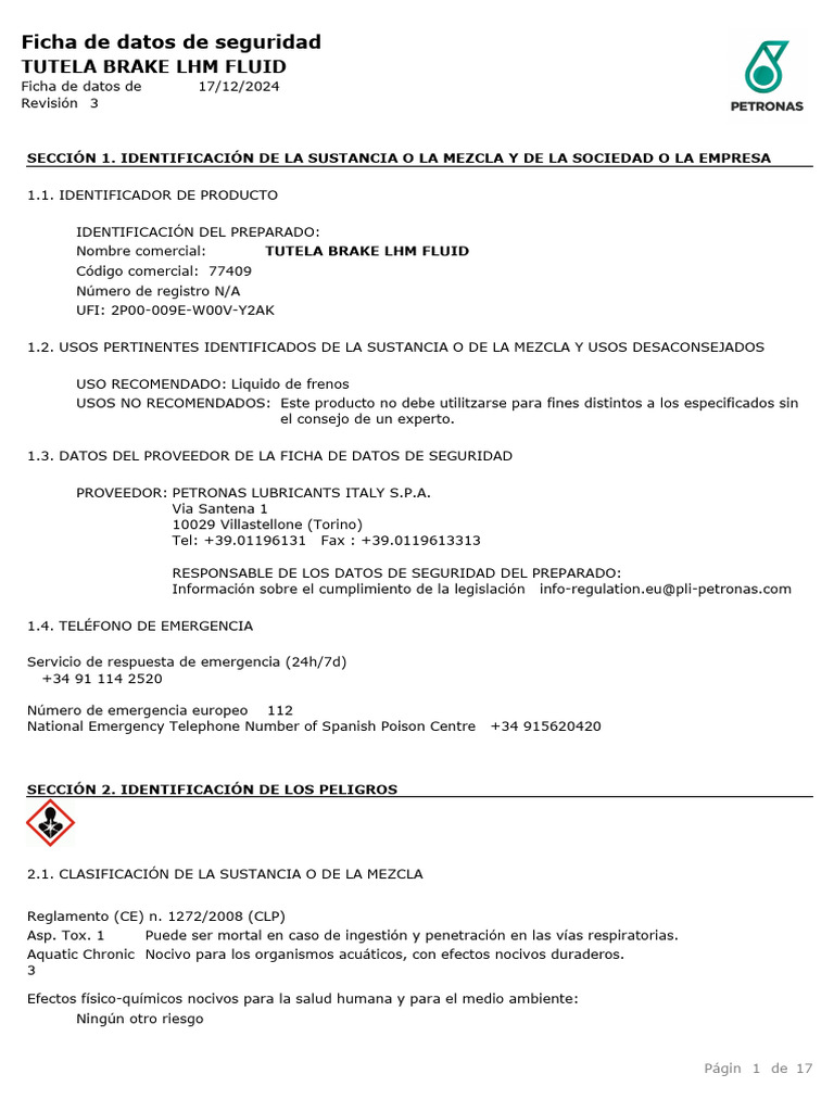 Ficha de Seguridad - Fluido de Freio | PDF | Residuos | Toxicidad