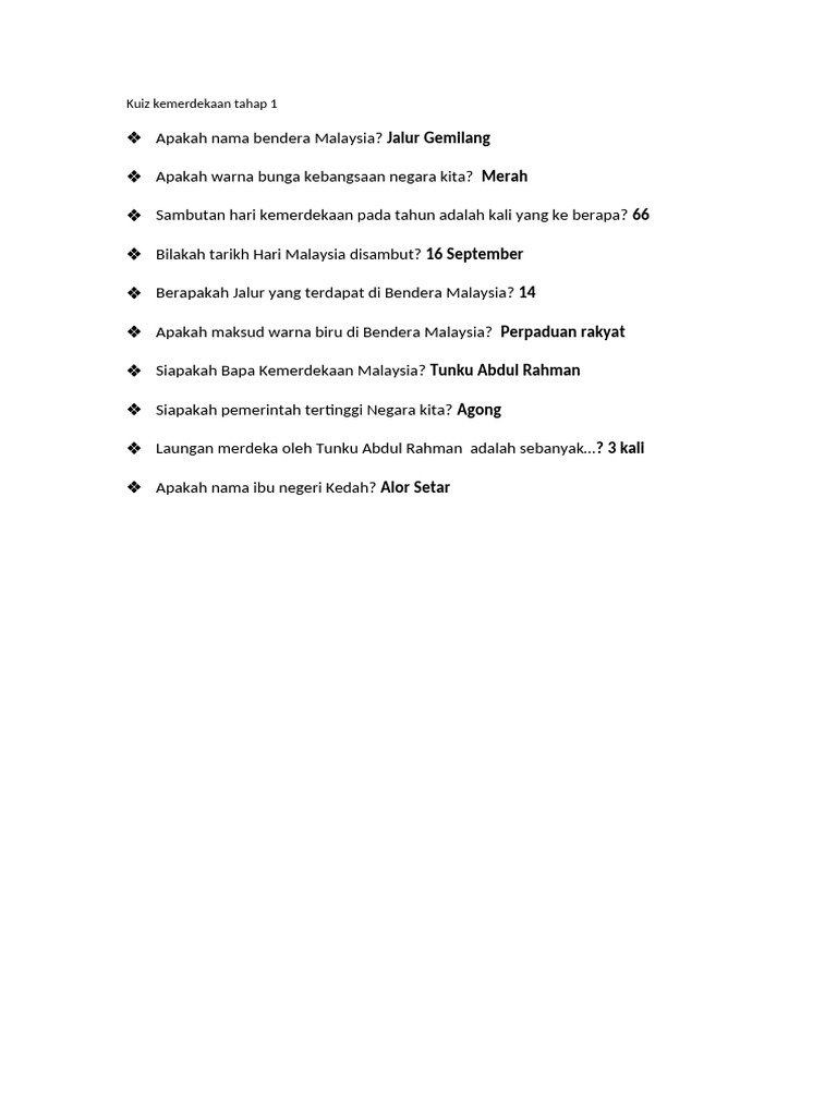 Kuiz Kemerdekaan Tahap 1 untuk Sekolah | PDF