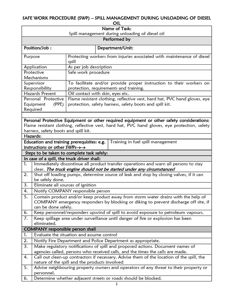 Diesel Oil Spill Management Procedure | PDF | Personal Protective ...