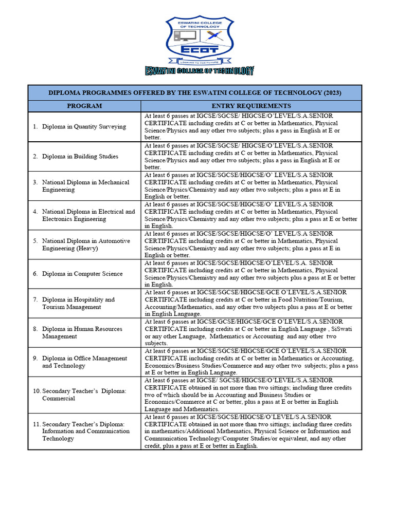 ECOT Diploma Programs and Requirements | PDF | Vocational Education ...