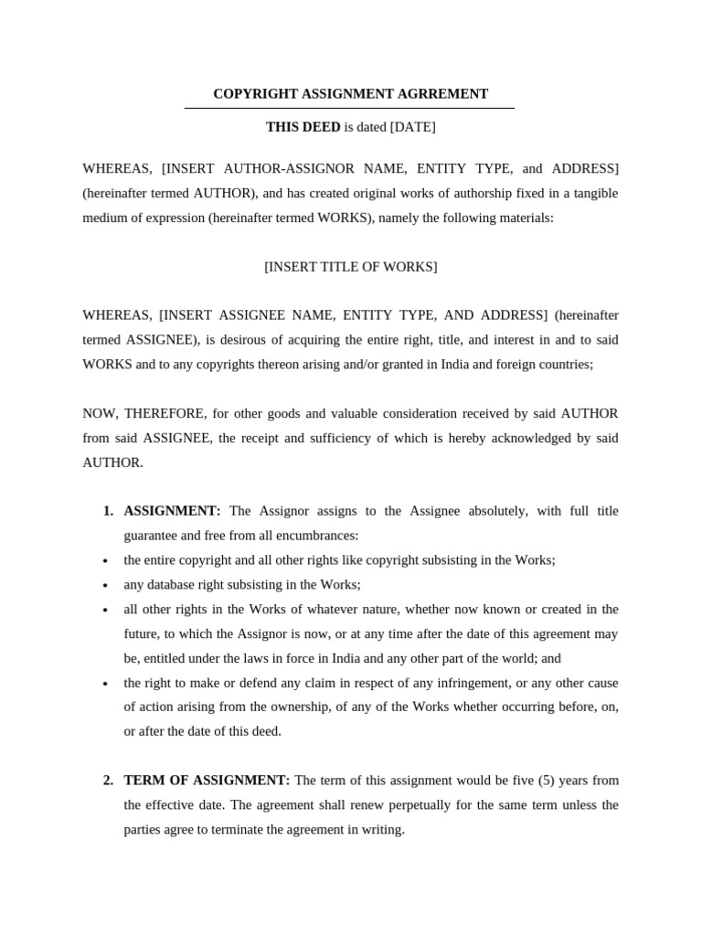Copyright Assignment Agrrement. | PDF | Assignment (Law) | Indemnity