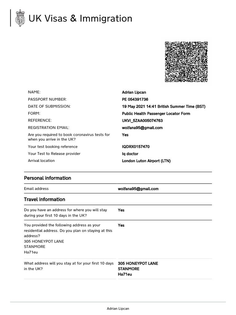 UK Passenger Locator Form Submission | PDF | Government And Personhood ...