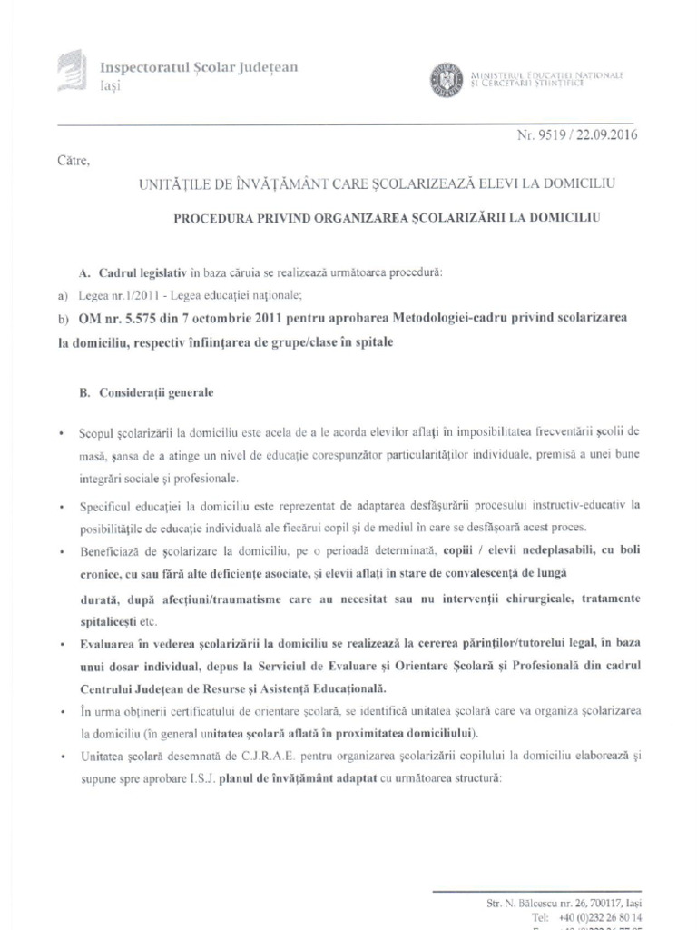 Procedura Scolarizare La Domiciliu | PDF